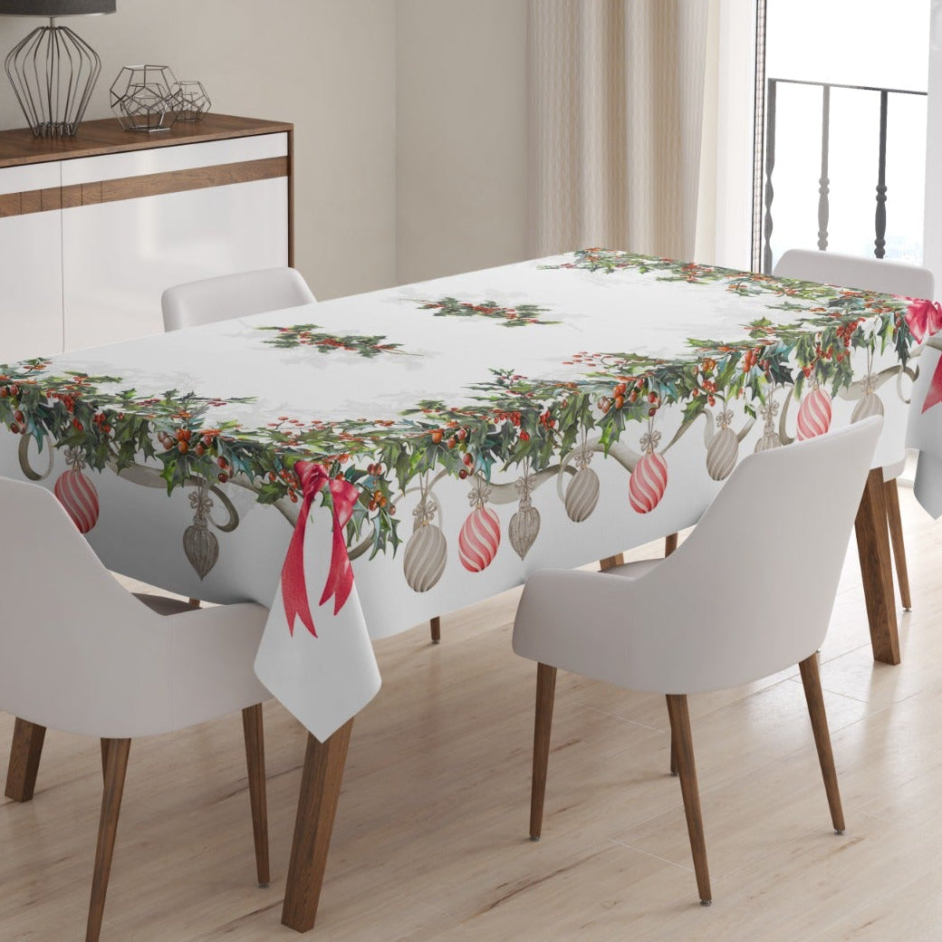 CLODETTE Tovaglia Natalizia in Cotone con Fiocchi " ELODIE " Bianca — Sweet Home Shabby style